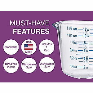 Arrow Home Products Plastic Measuring Cups for Liquids, 4.5 Cups - With Cool-Grip Handle - BPA-Free, Stackable Measuring Cups with Spout and Clear Measurements - Microwave and Dishwasher Safe