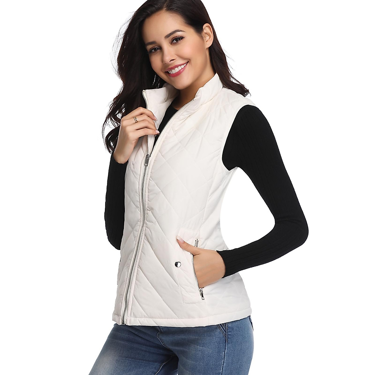 Fuinloth Women's Quilted Vest, Stand Collar Lightweight Zip Padded Gilet White XL