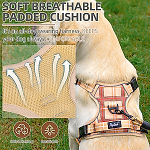 PUPTECK No Pull Dog Harness and Leash Set with Handle Reflective Adjustable Padded Vest Escape Proof for Small Medium Large Dogs Walking Training Hiking, Plaid Beige L
