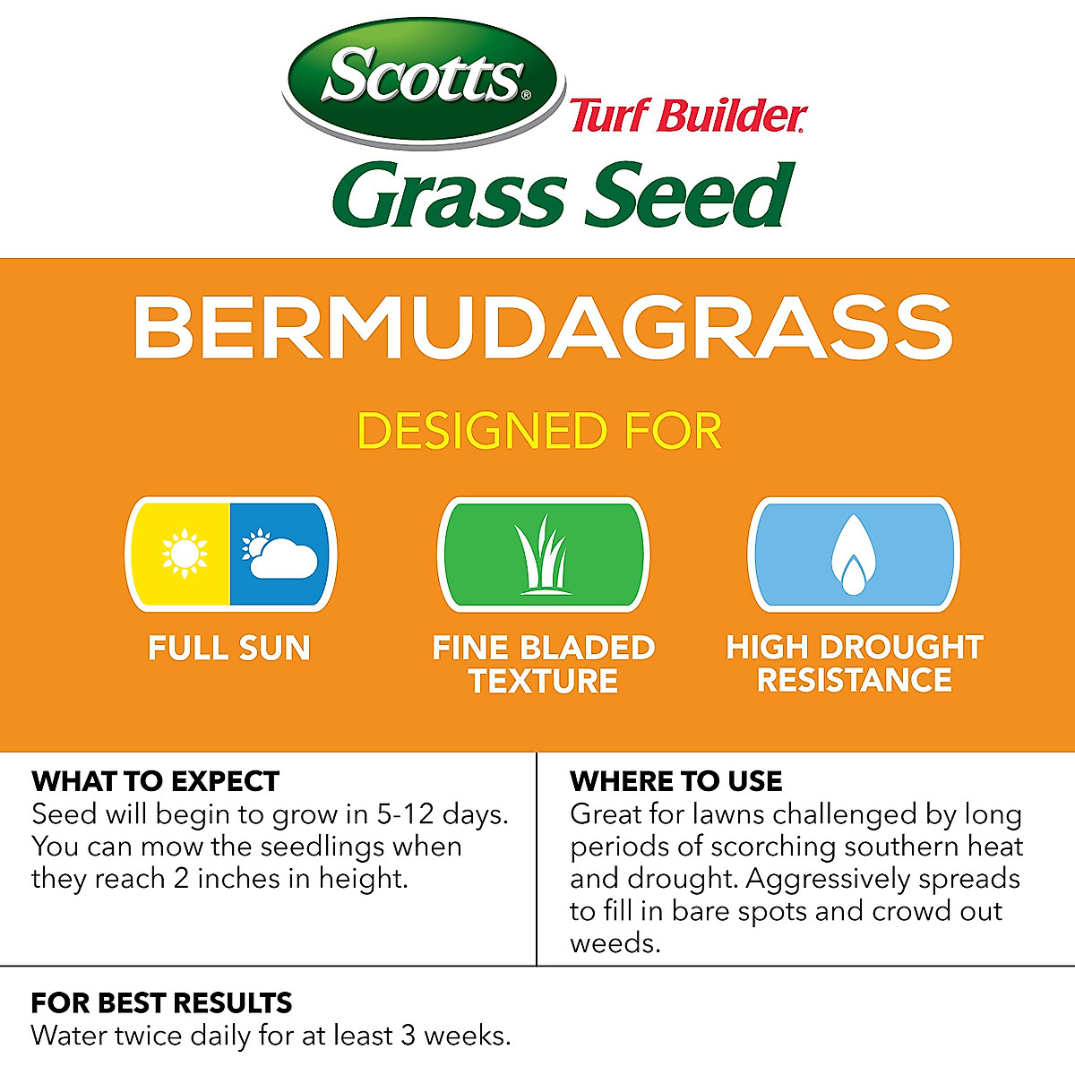 Scotts Turf Builder Grass Seed Bermudagrass, Mix for Full Sun, Built to Stand Up to Heat & Drought, 5 lbs.