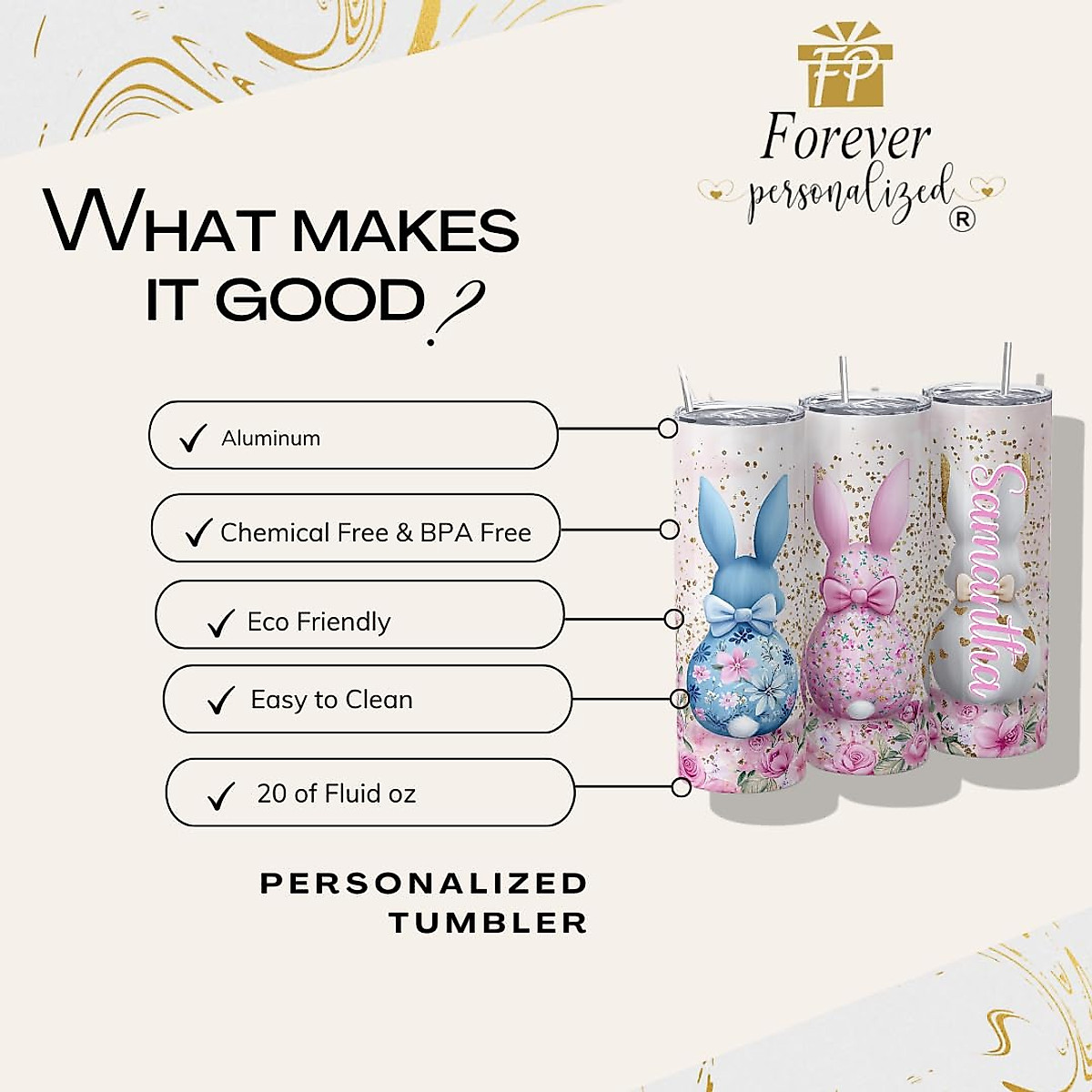 Custom Printed Floral Bunny Easter Tumbler | Personalized Double Wall Insulated Travel Mug | Spring Design with Name (Floral Bunny)