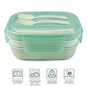 Caperci Stackable Bento Box Adult Lunch Box - 3 Layers All-in-One Lunch Containers with Multiple Compartments for Adults & Kids, 55 oz Large Capacity, Built-in Utensil Set & BPA Free (Green)
