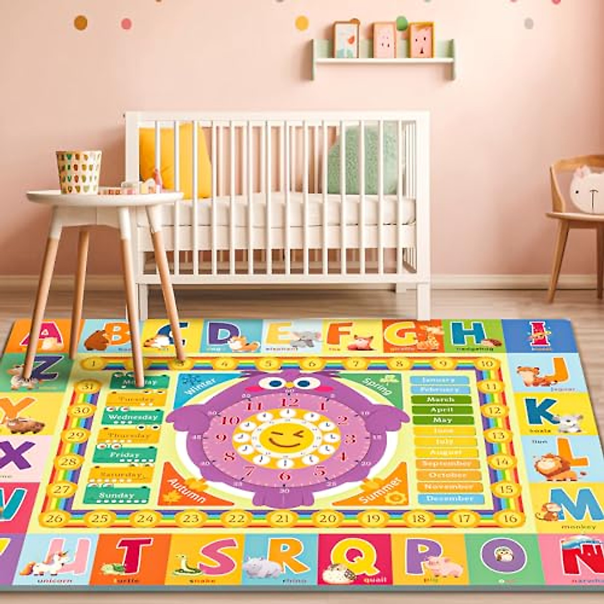 Vmterliya Educational ABC Kids Rug, TPR Nonslip Toddler Baby Child Learning Carpet Rug Playmat with Season, Month, Week and Animal for Classroom Playroom Bedroom