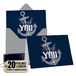 Paper Clever Party Anchor Thank You Cards with Envelopes for Bridal Shower, Wedding, Any Occasion, Blank Notecards Boys Baby Shower, 20 Pack