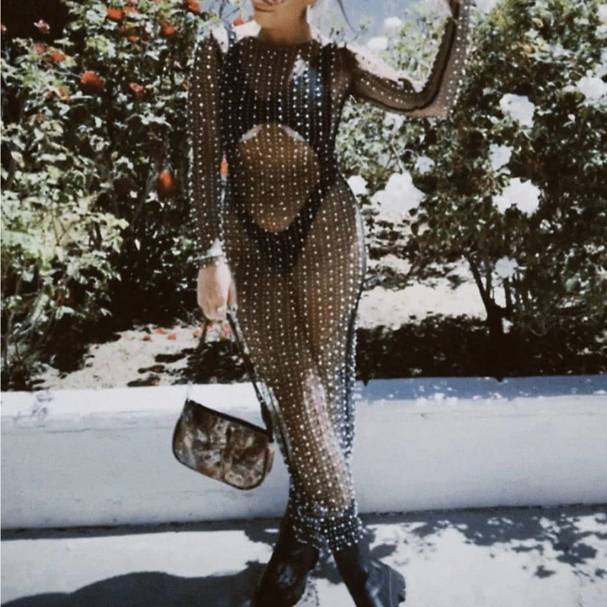 Willow Dance Women's Sheer Mesh Pearl Rhinestone Cover Up Beach Dress Swimwear Bikini Swimsuit Bathing Suit Coverups Black L