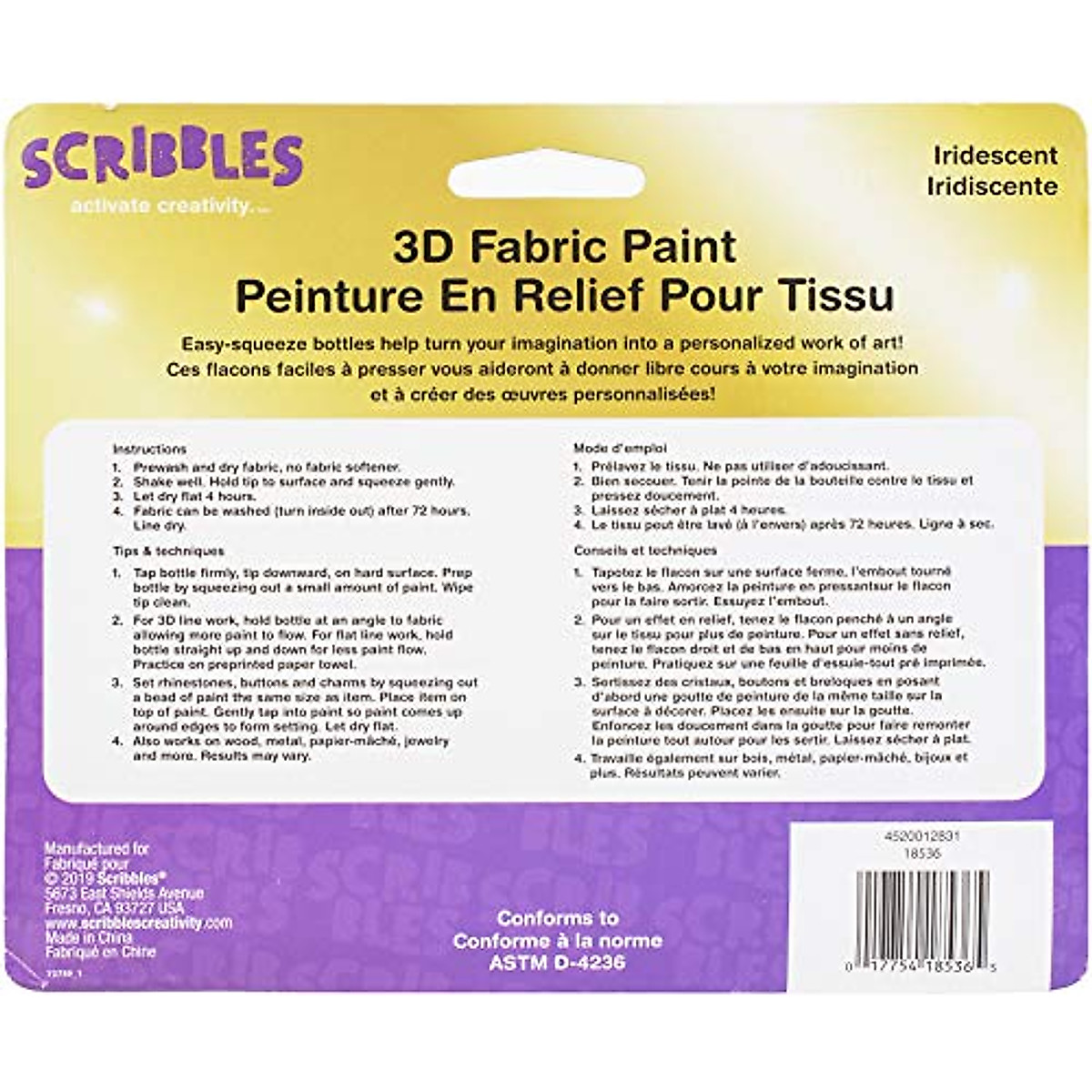SCRIBBLES 18536 Dimensional Fabric Paint, Iridescent, 6-Pack, 1 oz
