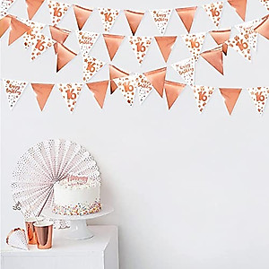 40Ft Rose Gold 16th Happy Birthday Banner Bunting Triangle Flag Pennant Garland for 16th Birthday Decorations Sweet 16 Decor Hanging 16th Birthday Streamer Sign for Girls Sweet Sixteen Party Supplies