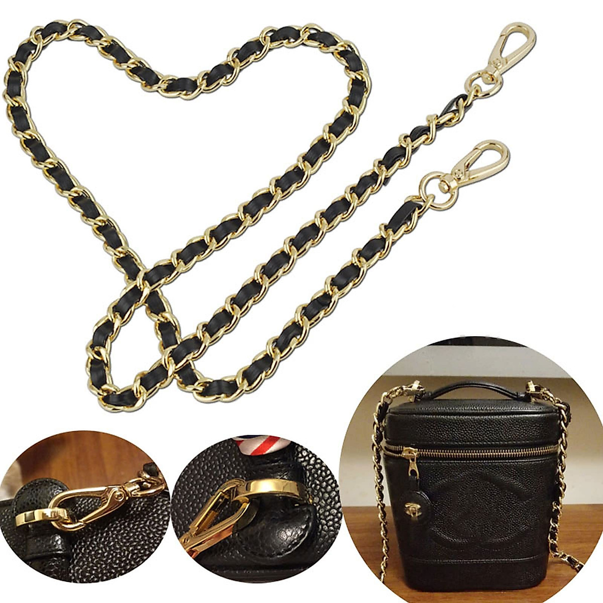BlitzBite 46" Synthetic Leather Metal Chain-Purse Chain Strap Leather Iron Flat Chain-Cross Body Replacement Shoulder Strap-Black Leather Silver Hardware-for Shoulder,Clutches,Wallets,Camera Bag