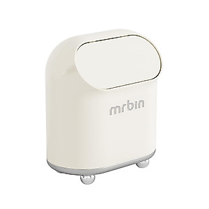 MRBIN Small Desk Trash Can for Bathroom with Lid, Mini Office Paper Litter Lint Bin with Stainless Steel Foot Pad, Kids Cute Countertop Plastic Waste Basket for Bedroom and Car, White