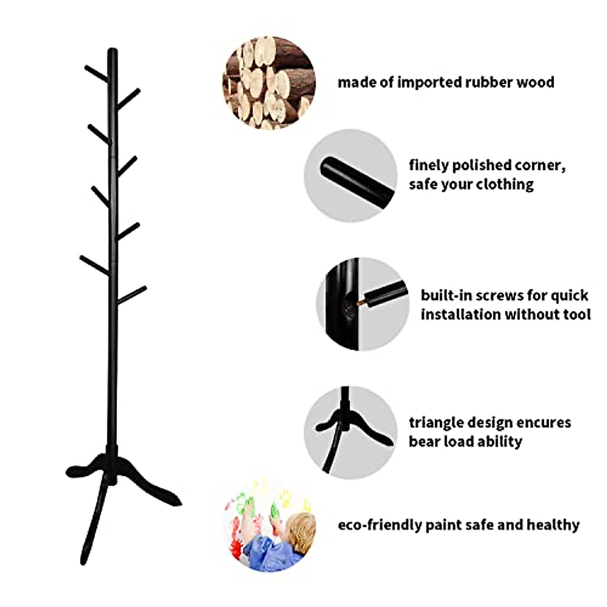 YEVONNIE Coat Rack Free Standing, Solid Wood Coat Stand, Hall Coat Tree with 8 Hooks for Coats, Hats, Bags, Purses, for Entryway, Hallway, Rubberwood (BLACK)
