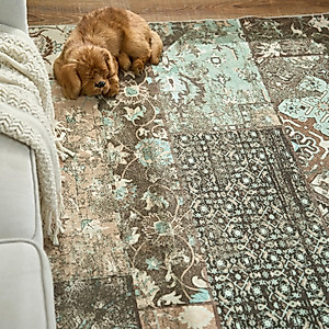 jinchan Boho Area Rug 2x3 Vintage Entryway Rug Patchwork Washable Rug Tribal Doormat Kitchen Rug Floral Print Rug Decor Indoor Non Slip Soft Carpet for Bedroom Bathroom Home Office Brown/Teal
