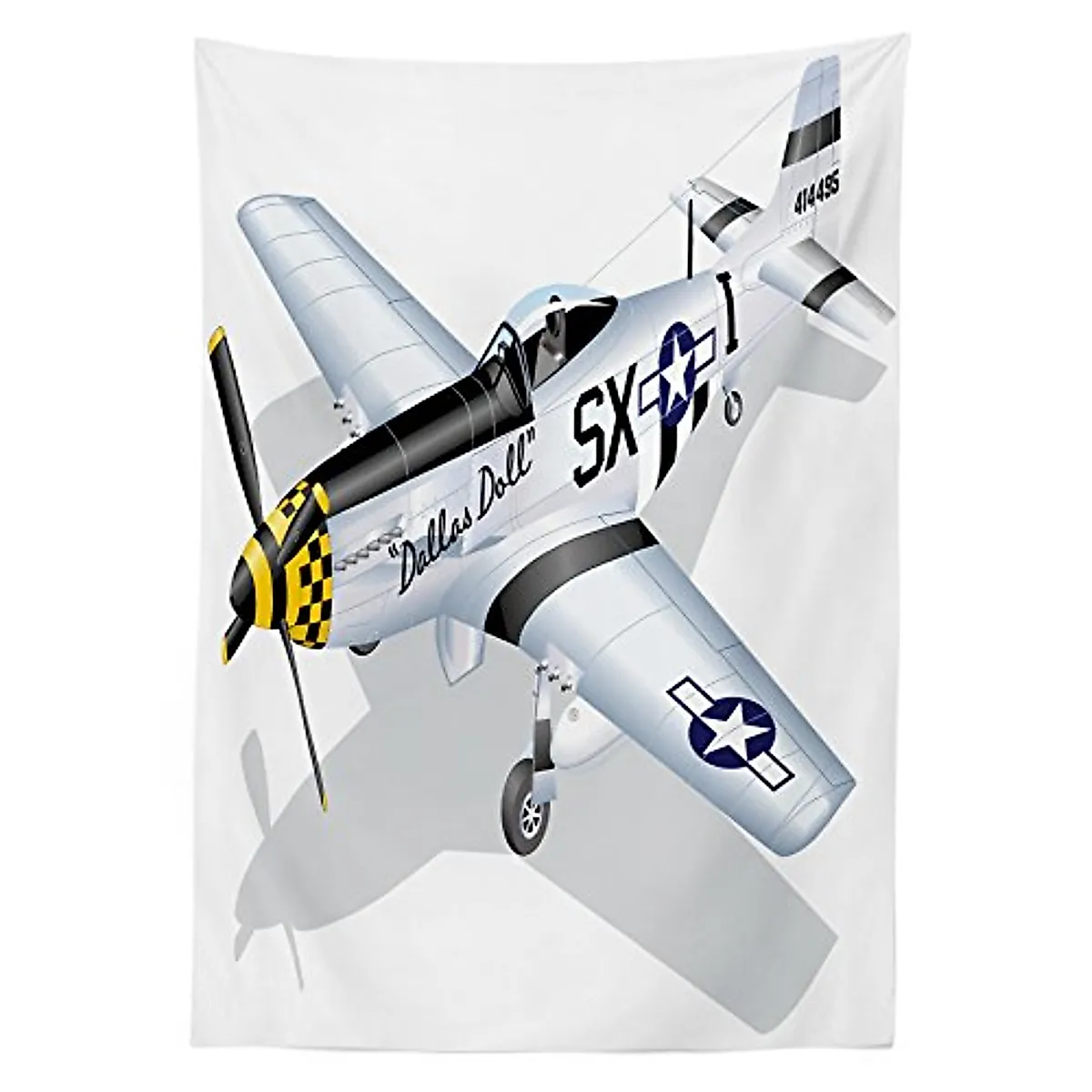 Ambesonne Vintage Airplane Tablecloth, P-51 Dallas Doll Detailed Illustration American Air Force Classic Plane, Dining Room Kitchen Rectangular Table Cover, 52" X 70", Grey White