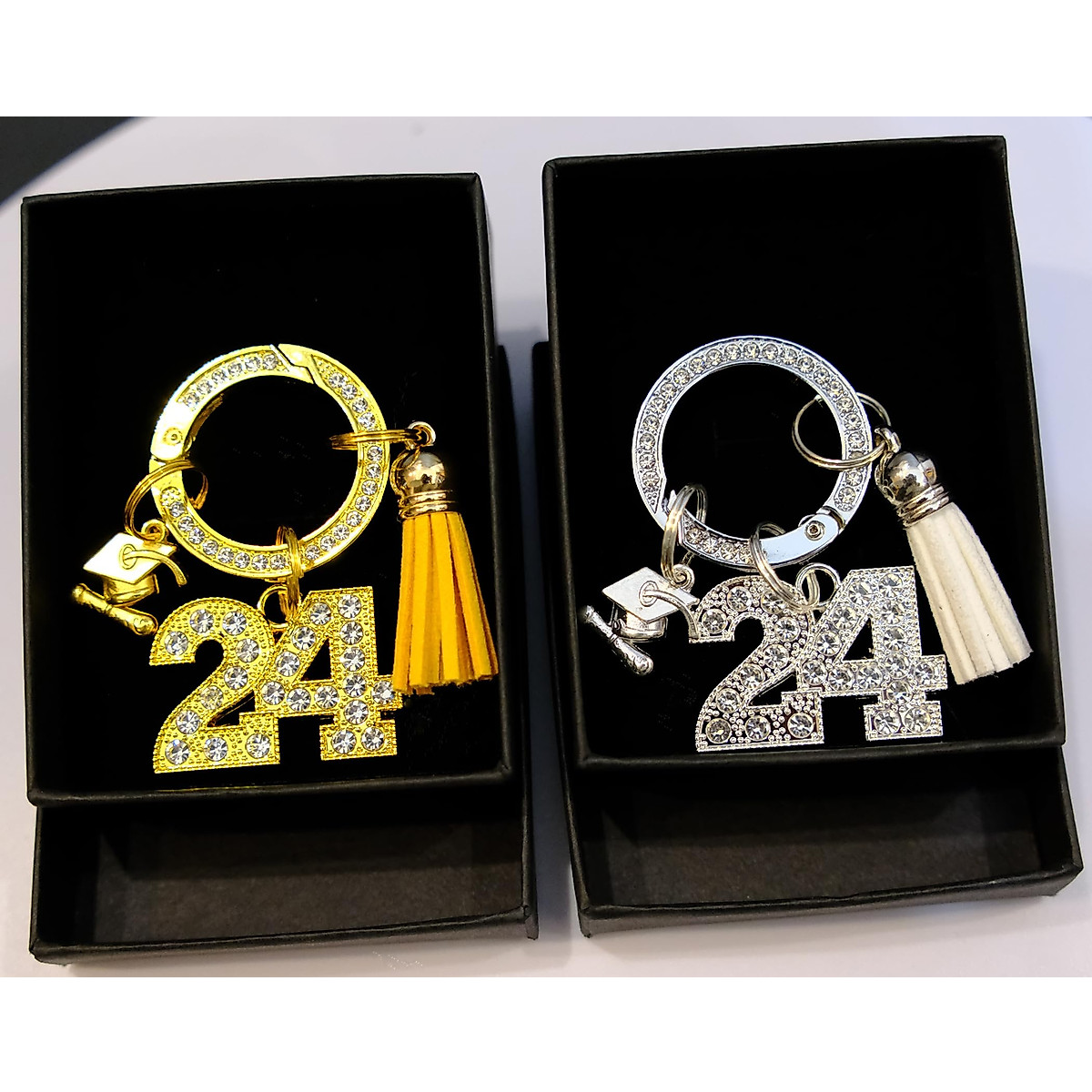 GRADFTY Graduation Gifts Keychain for Her High School College with Rhinestone 24 Silver Charm and Tassel