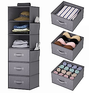 YOUDENOVA Hanging Closet Organizers, 6-Shelf Hanging Closet Storage Shelves with 3 Drawers, Grey