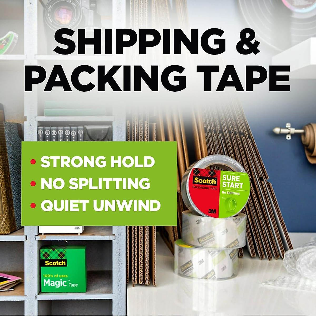 Scotch Sure Start Shipping Packaging Tape, 1.88" x 54.6 yd, Designed for Packing, Shipping and Mailing, No Splitting or Tearing, 3" Core, Clear, 8 Rolls (3450-8)