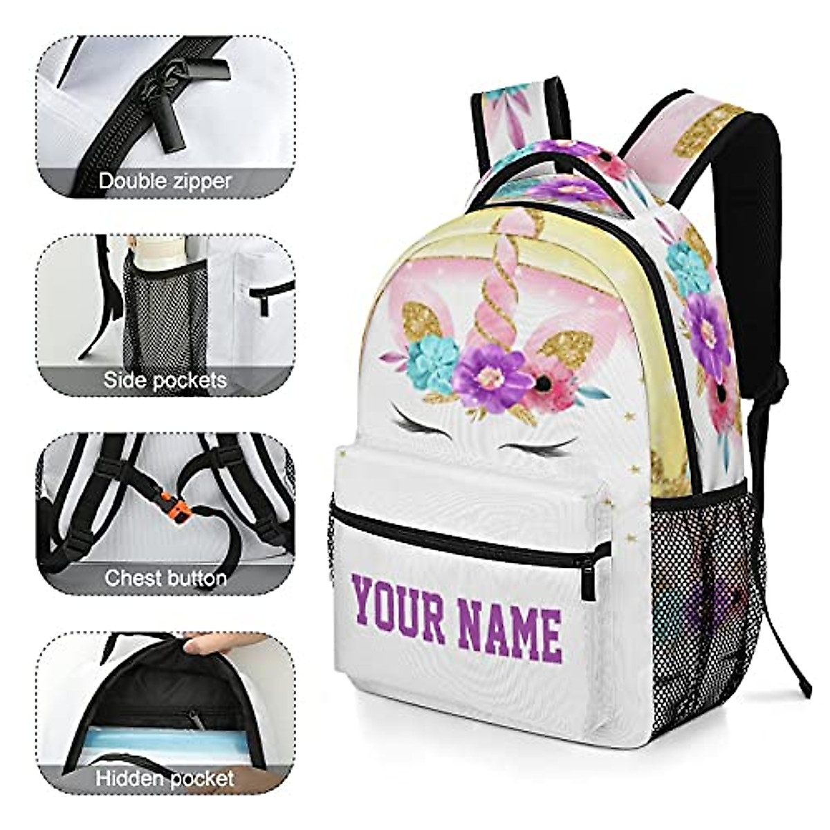 Custom Kid Backpack, Pink Unicorn Flower Personalized School Bookbag with Your Own Name, Customization Casual Bookbags for Student Girls Boys