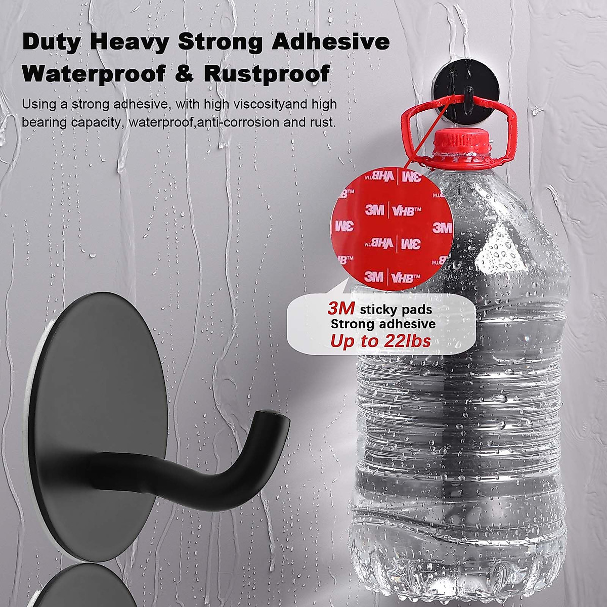 Metal Adhesive Hook Heavy Duty, Black Self Adheasive Towel Hook Strong Adhesion Hanging Hook Bathrooms Stick On Hooks, Rust-Proof Stainless Steel Adhesive Wall Hooks,6Pcs