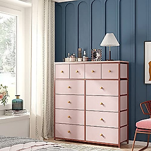 EnHomee Pink Dresser for Girls Bedroom with 12 Drawers, Dresser for Bedroom with Sturdy Metal Frame and Wooden Top, Bedroom Dressers & Chests of Drawers for Bedroom, Nursery, Closet, Pink