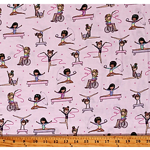 TIMELESS TREASURES Cotton Gymnasts Training Gymnastics Girls Pink Cotton Fabric Print by The Yard (KIDZ-CD2508-PINK), 44 Inches