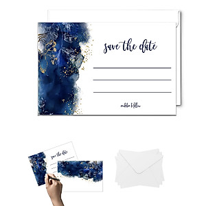 Paper Clever Party Blue Save the Date with Envelopes, All Occasion Cards for Wedding Invitations, Birthday, Graduation, Watercolor Gold Floral, 3.5x5, 25 Pack