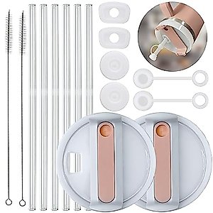 40oz Stanley Cup Accessories Set: 6 Pcs Extra Long Reusable Straws, H2.0 Silicone Spill Proof Stopper 3 Set, 2pcs 40oz Stanley H2.0 Tumbler Lid Spill Proof Splash Resistant Replacement Covers (Pink)