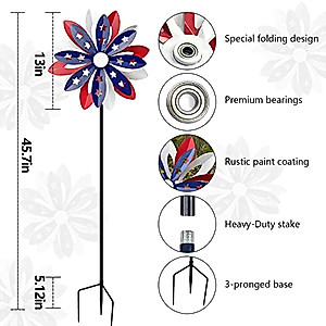 Wind Spinners Outdoor Metal with Patriotic, Magical Garden Windmill Decor Kinetic Sculptures for Yard Garden Lawn, American Flag Pinwheel Decorations