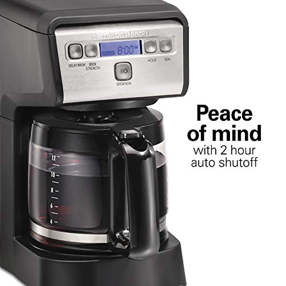 Hamilton Beach 12 Cup Compact Programmable Drip Coffee Maker with No-Drip Burosilicate Glass Carafe, 2-Hour Auto Shutoff, Space-Saving Design, Black with Stainless Steel Accents (46200)