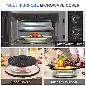 JesDiary Hook Top Microwave Splatter Cover for Food, Replace Magnetic Splatter Guard Covers, Vented Collapsible Easy Grip Lid for Plate Dish Bowl, Multi-Purpose Colander Kitchen Gadget for Food, Black