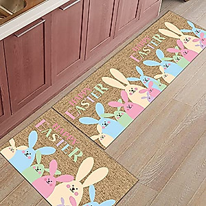 Arts Print Easter Bunny Kitchen Mats Set of 2,Colorful Rabbits Retro Texture Floor Mat,Non-Slip Durable Kitchen Rugs for Kitchen Sink,Laundry Room,15.7x23.6Inch+15.7x47.2Inch