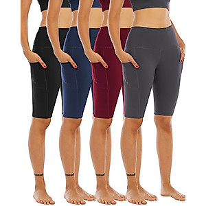 WHOUARE 4 Pack Biker Yoga Shorts with Pockets for Women,High Waisted Athletic Running Workout Gym Shorts Tummy Control,Black,Navy,Dark Gray,Burgundy,L