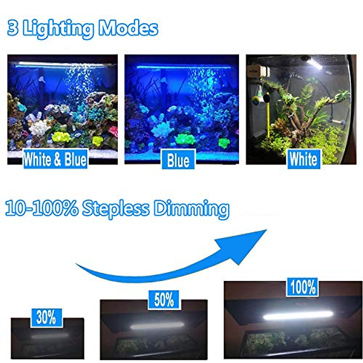 MingDak Submersible LED Aquarium Light,Fish Tank Light with Timer Auto On/Off, White & Blue LED Light bar Stick for Fish Tank, 3 Light Modes Dimmable,8W,15 Inch