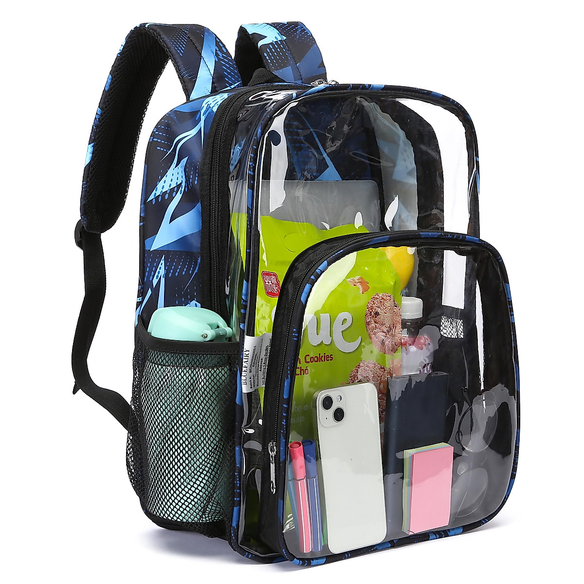 BLUEFAIRY Clear Backpack for School Stadium Approved Large PVC See Through Bag Heavy Duty Bookbag Transparent Plastic Bag for Students Work Events 17" Geometric Blue