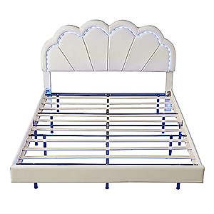 LED Floating Bed Frame Queen Size, Upholstered Platform Bed with Shell Shaped Headboard, Modern Velvet Cloud Beds with Light for Kids Girls Boys Teens Adults, No Box Spring Needed, Beige