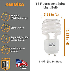 Sunlite Compact Fluorescent T3 Standard Household CFL Spiral Light Bulb, 18 Watt, (75W Equivalent), 1250 Lumens, 120 Volts, Twist & Lock GU24 Base, UL Listed, 2700K Soft White, 6 Pack