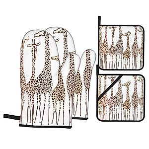 Cute Wild Cartoon Giraffes Oven Mitts and Pot Holders Sets,Washable Heat Resistant Kitchen Non-Slip Printed Grip Oven Gloves for Microwave BBQ Cooking Baking Grilling