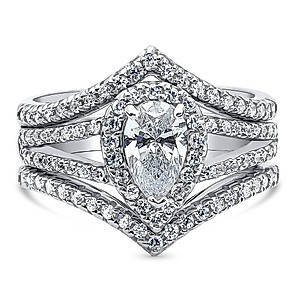 BERRICLE Sterling Silver Halo Wedding Engagement Rings Pear Cut Cubic Zirconia CZ Split Shank Ring Set for Women, Rhodium Plated Size 7
