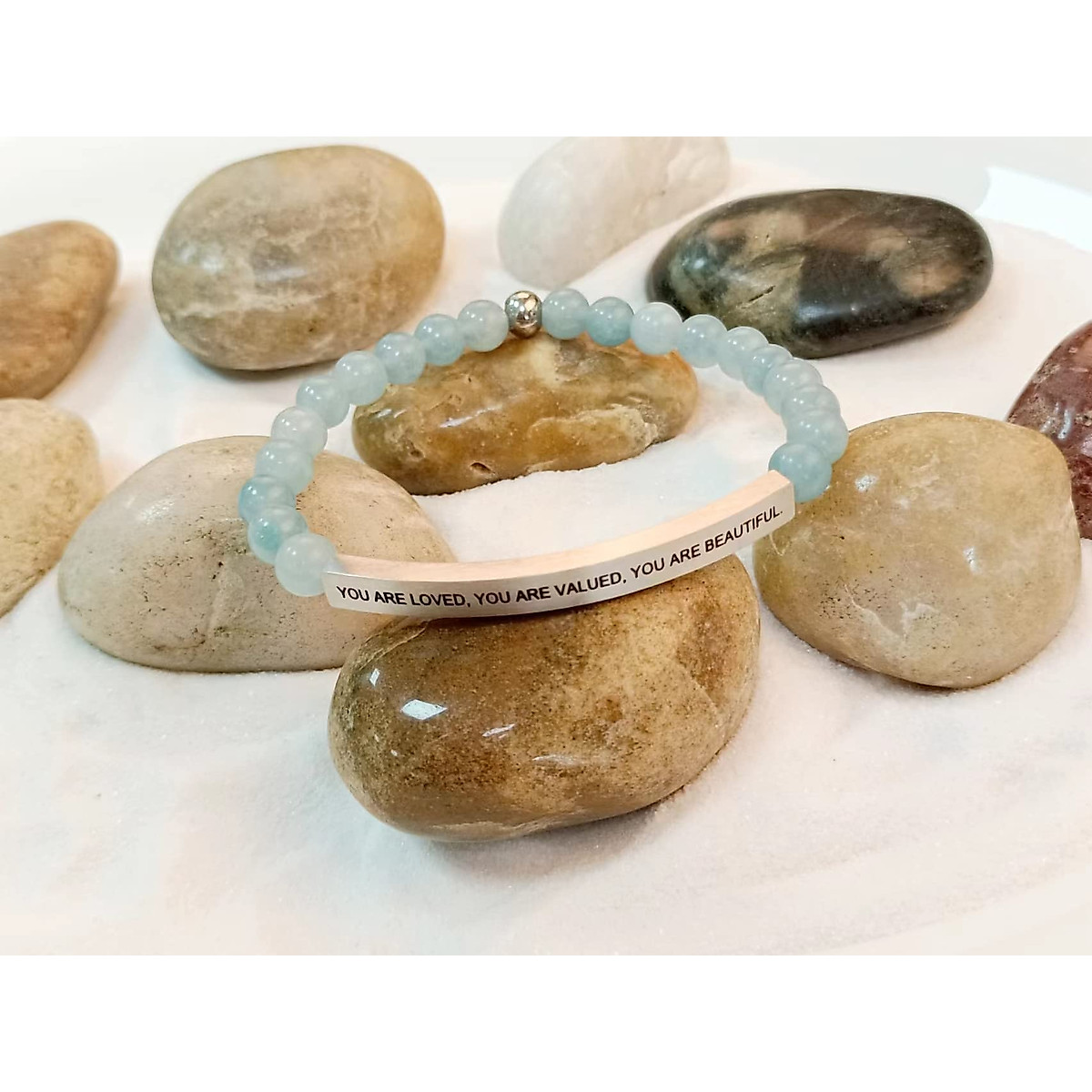 Aquamarine Beads-YOU ARE LOVED YOU ARE VALUED YOU ARE BEAUTIFUL- Faith Motivated Messages Engraved Stainless Steel Bar Beaded Inspirational Bracelets,Gifts for Women Men Girls Boys Mother Daughter Friends,Birthday Present. (silver-Aquamarine-YOU ARE LOVED