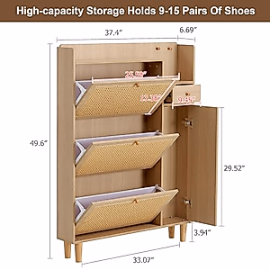 YardGo Freestanding Shoe Cabinet with 3 Flip Drawers and Door, Modern Rattan Shoe Storage Organizer, Small Household Furniture for Entryway, Hallway, Living Room