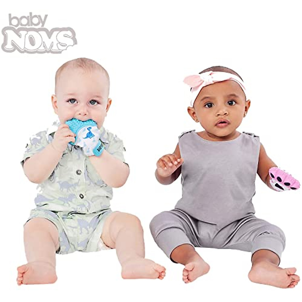 BabyNoms ® Teething Mitten | The Original Teething Paw | Safe Silicone Teething Toy or Teething Ring Provides Self-Soothing Teething Relief | Dino Blue Teether