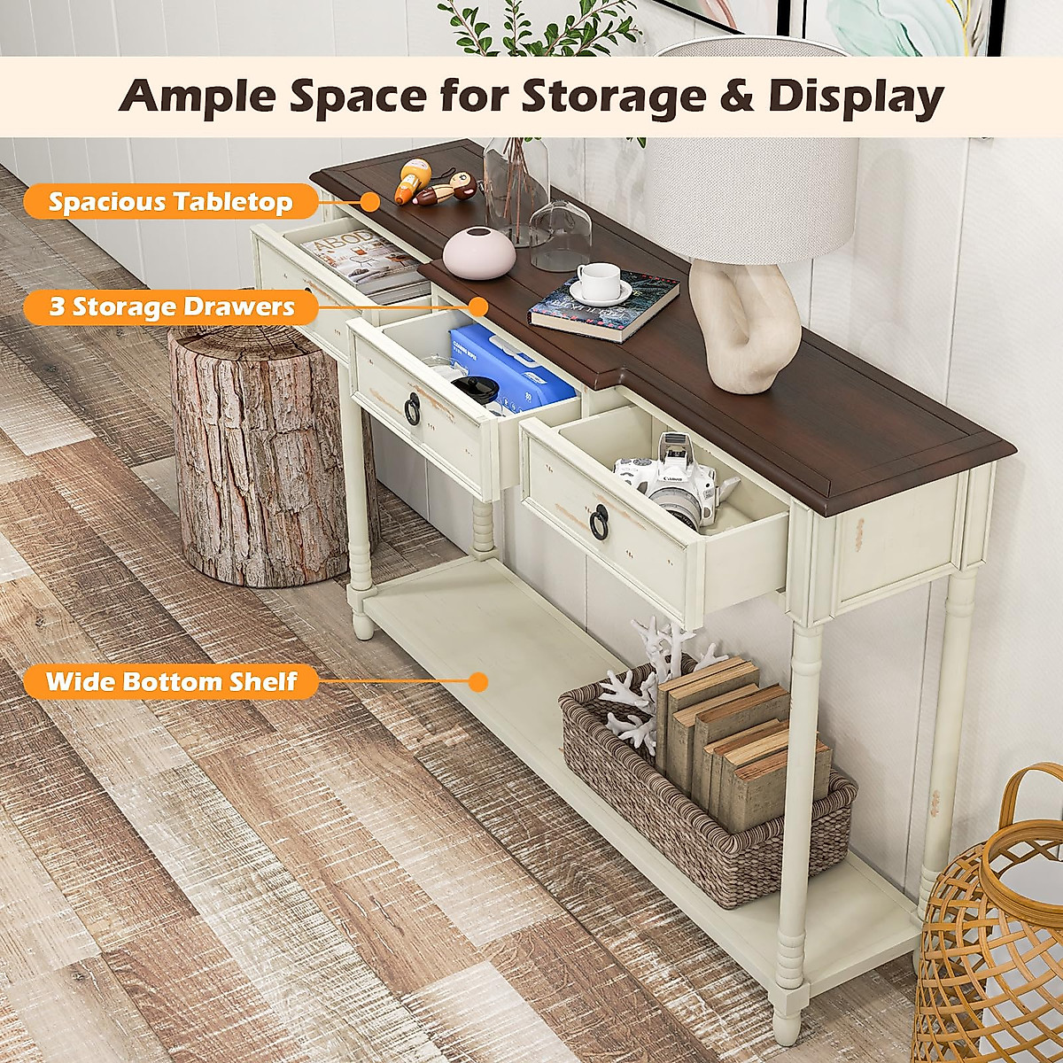 Giantex Console Table with 3 Storage Drawers - Entry Table, Rustic Farmhouse Entryway Table with Open Storage Shelf, Solid Wood Legs, Long Sofa Table for Living Room, Hallway, Narrow Console Table