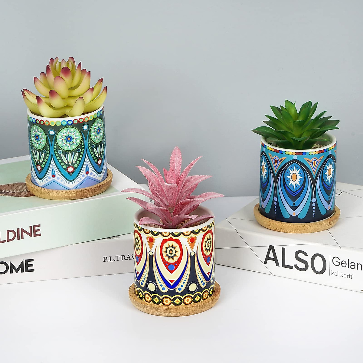 Hamore 5" Artificial Succulents in Bohemian Ceramic Pots, Set of 3 Ceramic pots & Bamboo Trays with Succulents Plants Artificial, Fake Plants for Desk Office Bathroom Bedroom Living Room