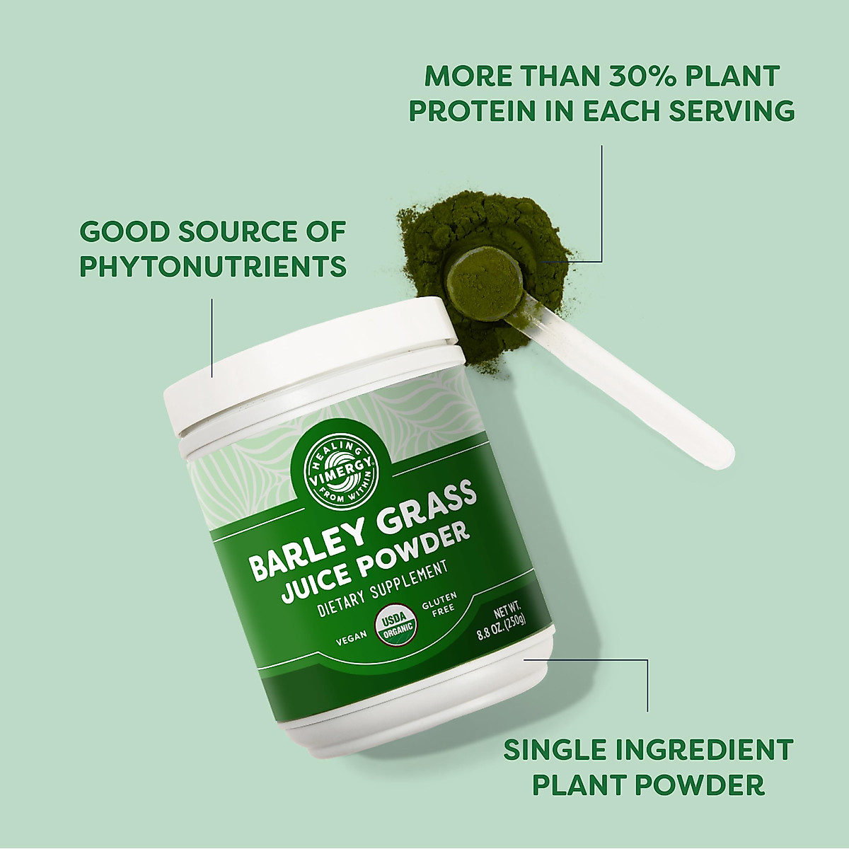Vimergy Barley Grass Juice Powder – Clean Superfood Formula – Promotes Cardiovascular Health* – Organic, Vegan & Gluten-Free – Regular Size 250g