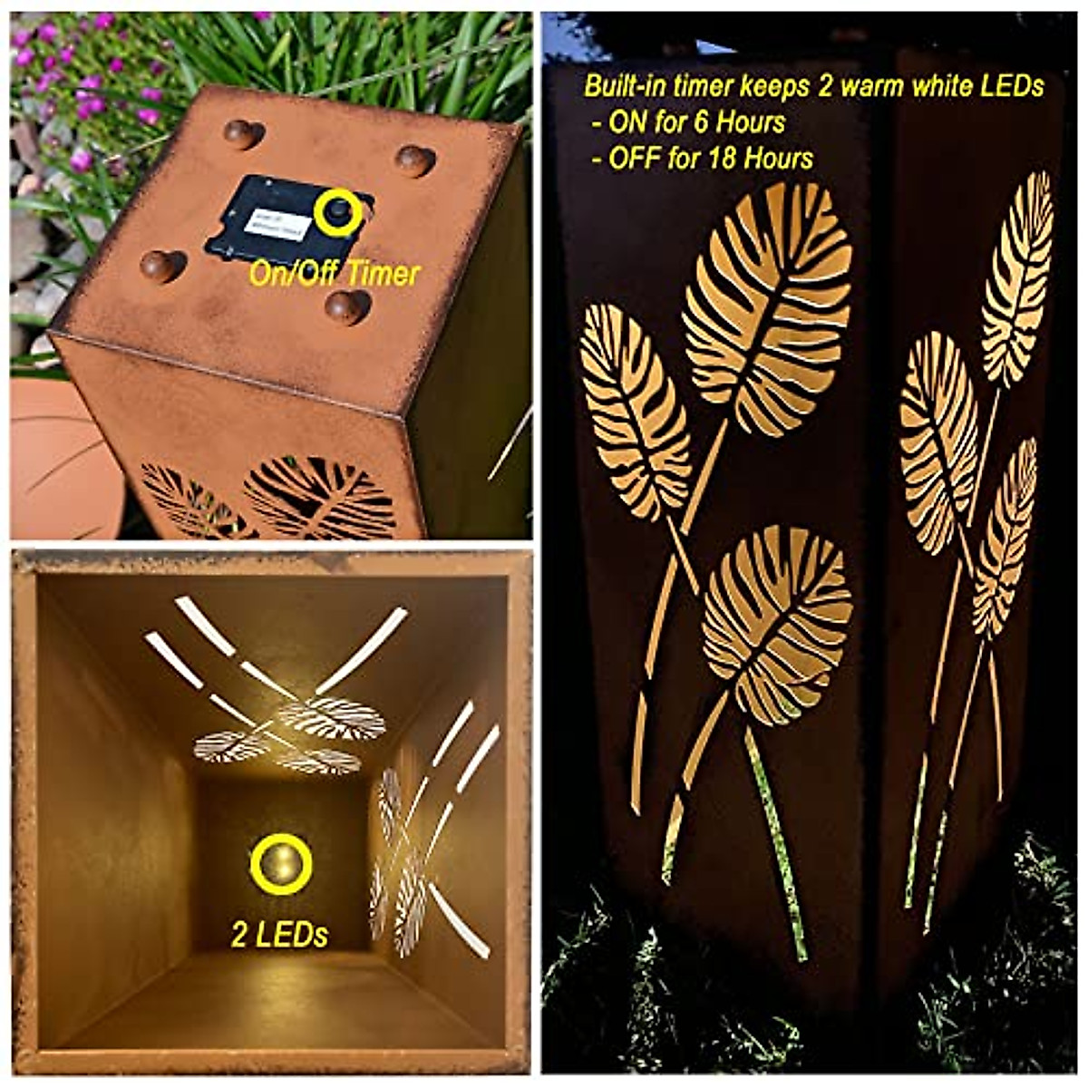 Westcharm Rustic LED Pillar Garden Statue with Planter Dish Bowl and Automatic Timer - Decorative Column Outdoor Statue with Leaves Motif for Home Yard Patio Outdoors Garden Decoration