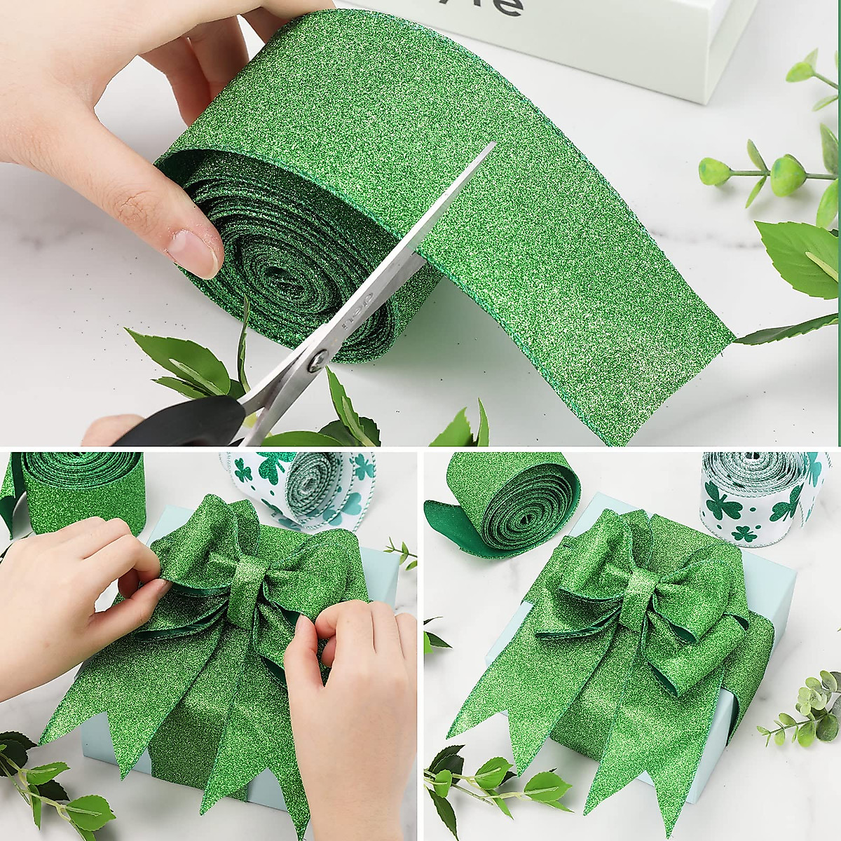 Whaline 2 Rolls St Patrick's Day Wired Ribbon Glitter Green Stain White Shamrock Craft Ribbons Linen Like Polyester Wrapping Ribbon for Home Craft Decoration Gift Bow Party Supply 2.5 Inch x 10 Yards