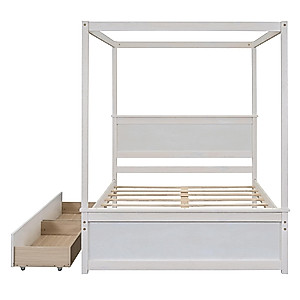 CITYLIGHT Full Size Canopy Bed with 2 Storage Drawers, Wooden Canopy Platform Bed with Headboard, Four Post Bed (Brushed White)