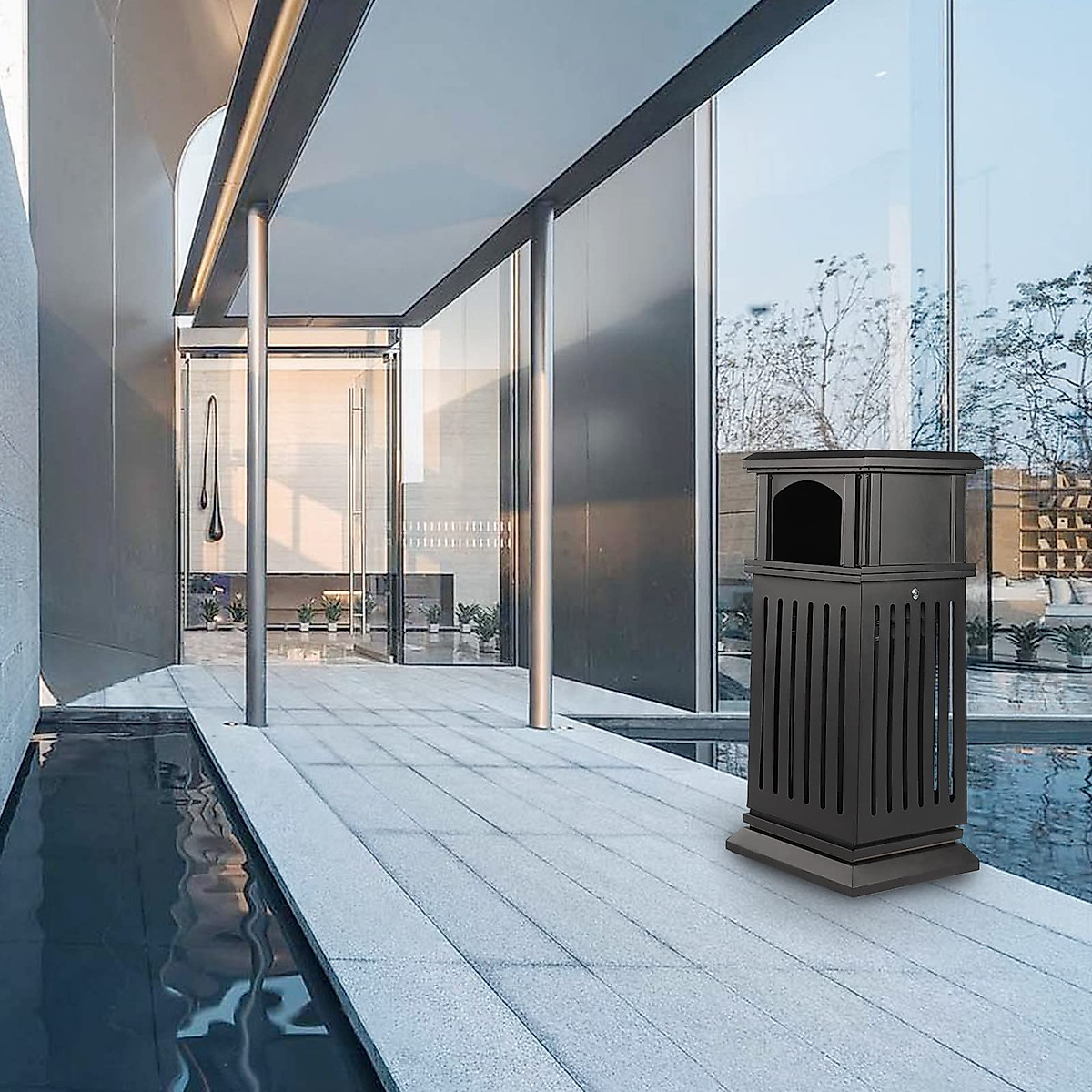 Outdoor Trash Can, 40L Commercial Garbage Enclosure with Locking Lid, Heavy Duty Industrial Yard Garage Waste Container, Installation-Free, 35.4 x 15.7 x 15.7 in, Galvanized Sheet (Black)