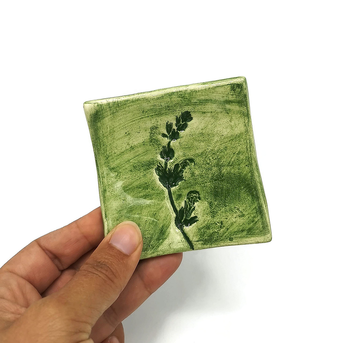 Clay Ring Dish, Small Square Handmade Ceramic Trinket Dish, Small Tealight Candle Holder, Teabag Holder (Sage Flower)