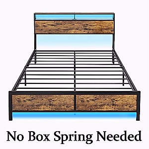 Gustonhon Industrial Queen Bed Frame with Headboard,Metal Bed Frame Queen Size with Storage Under-Bed,Mattress Foundation with LED Lights and Charging Station,2-Tier Storage Shelf (Queen)