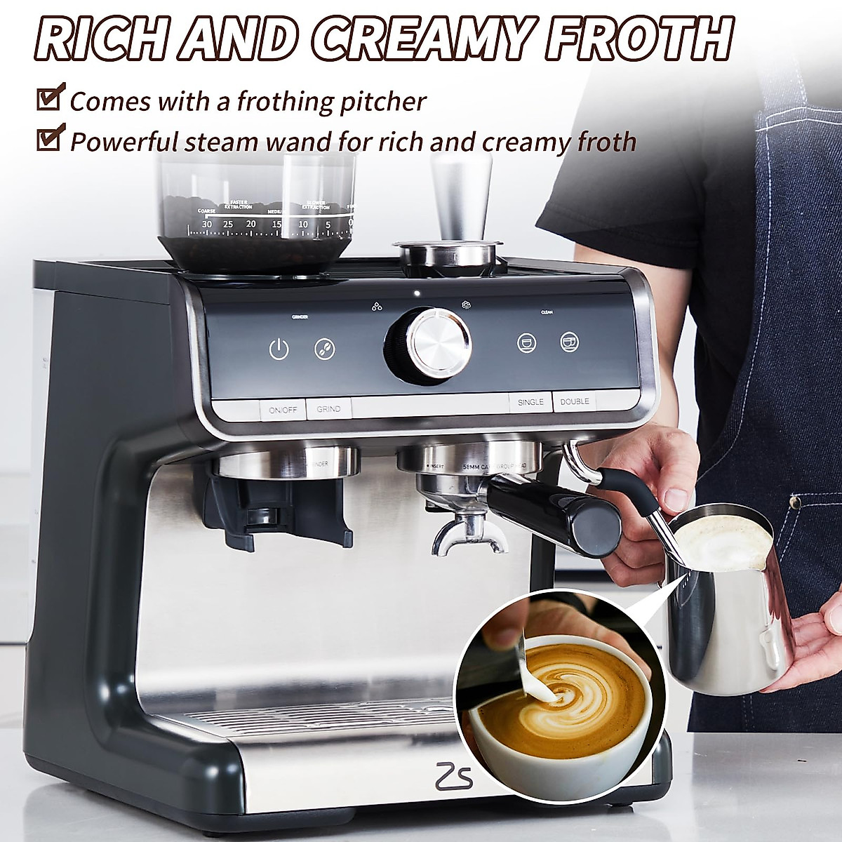 Espresso Machine with Grinder, 20 Bar Espresso Maker with Milk Frother Steam Wand, Professional Cappuccino Latte Maker, Gifts for Dad, Mom, Coffee Lover or Housewarming