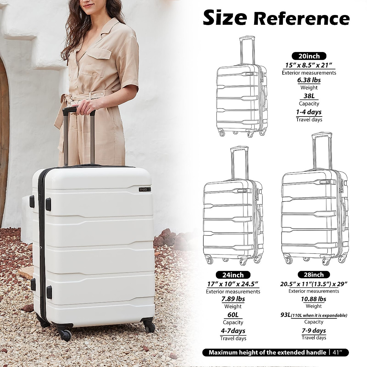 Coolife Luggage Expandable(only 28") Suitcase PC+ABS Spinner Built-In TSA lock 20in 24in 28in Carry on (Caribbean Blue., L(28in).)